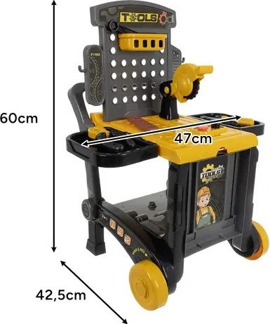Dětská dílna 3v1, vozík s nářadím - 59 dílů