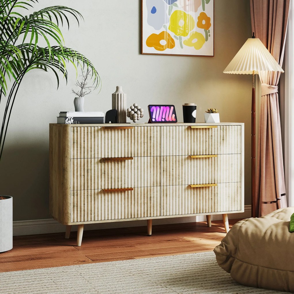 HOMCOM Komoda se 6 zásuvkami do ložnice s pruhovaným designem a dřevěnými nohami, příborník do obývacího pokoje a chodby 62x35x105 cm Dub