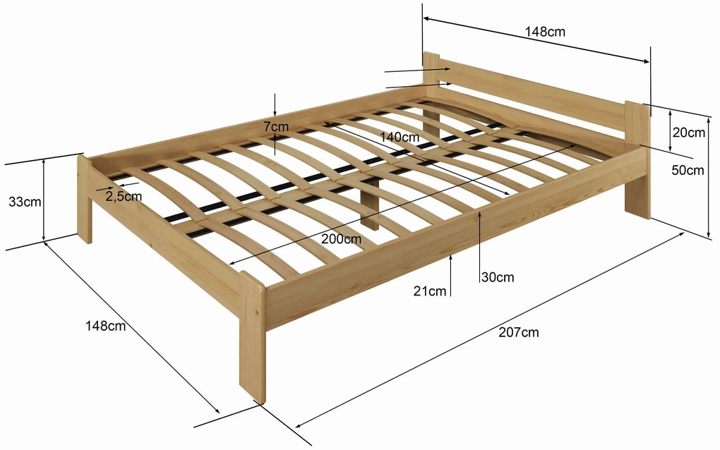 Postel z masivu 140x200 Jasněna borovice s roštem