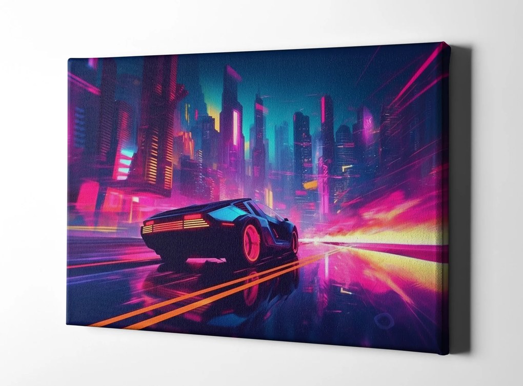 Obraz na plátně - Retrowave auto závodí ve městě FeelHappy.cz Velikost obrazu: 120 x 80 cm