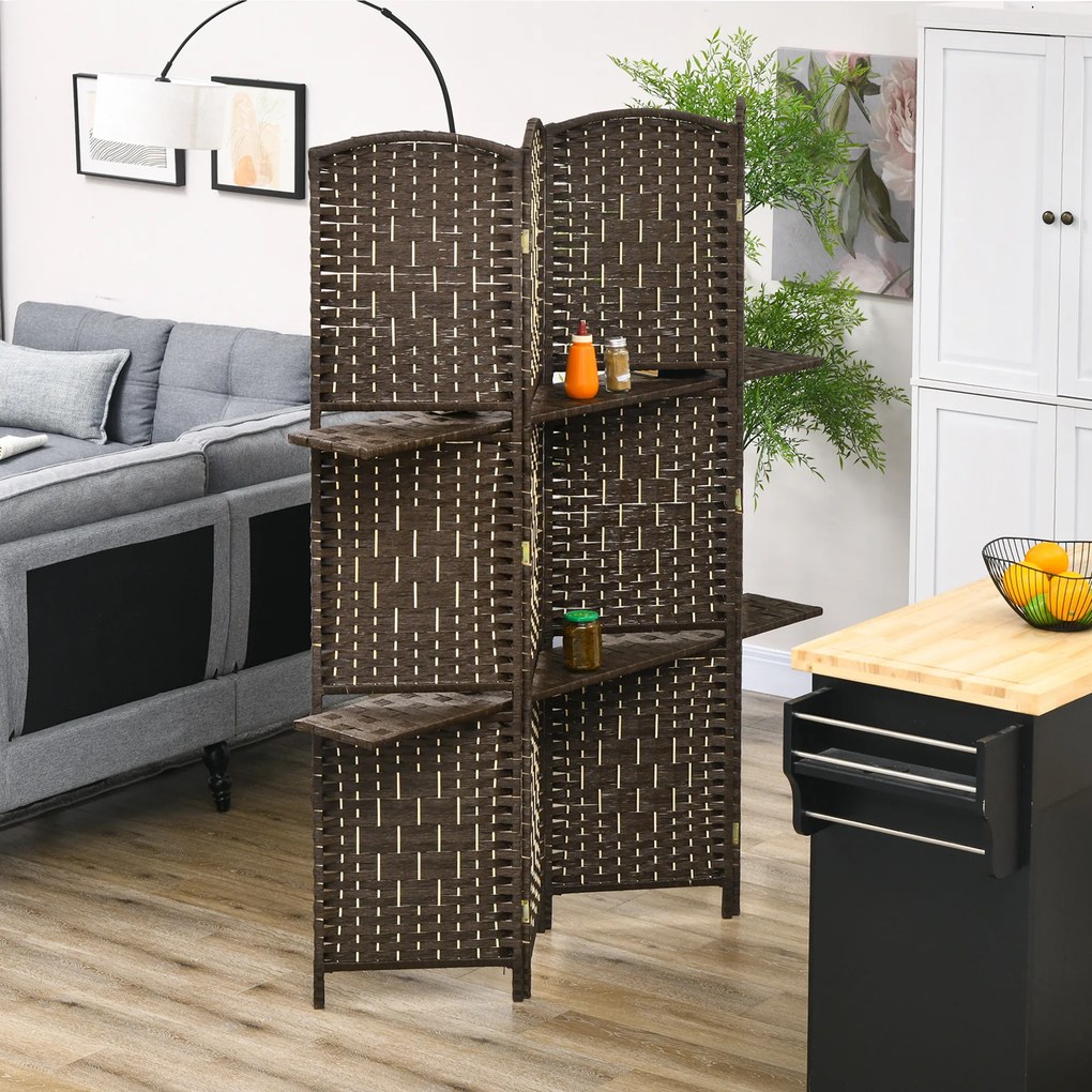 HOMCOM Paravan 4 Panely 160 x 170 cm s 2 Policemi, Skládací, Borovicové Dřevo pro Kancelář, Obývací Pokoj, Ložnici, Hnědý
