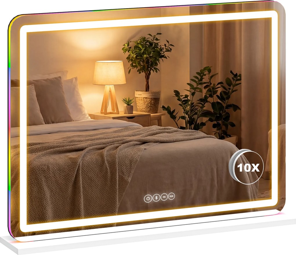 HOMCOM osvětlené make-up zrcadlo 80x60 cm, stmívatelné LED toaletní zrcadlo, RGB světlo, 3 barevné teploty, bílé
