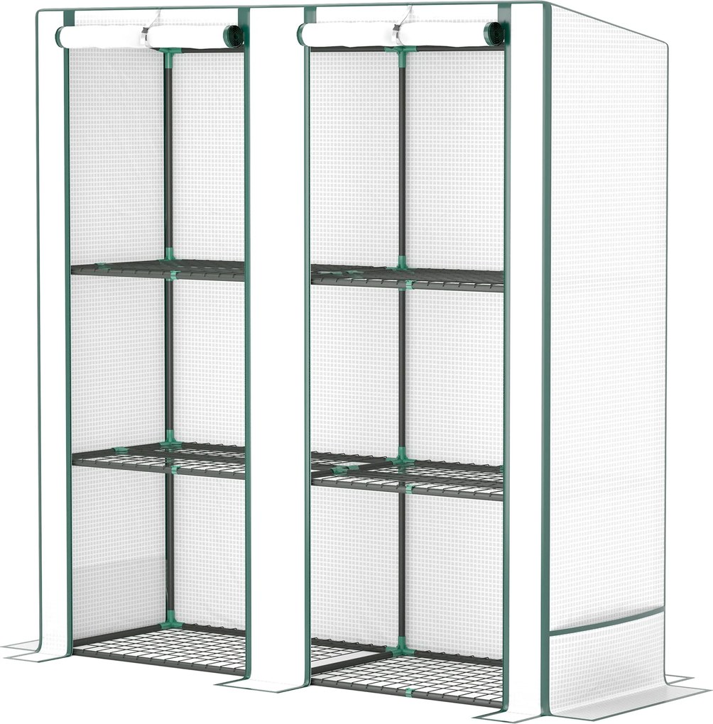 Skleník Outsunny se sedlovou střechou a dvojitými dveřmi, zimní fóliový skleník z oceli, pro balkon a zahradu, skleník na rajčata 144 x 48 x 152 cm, s