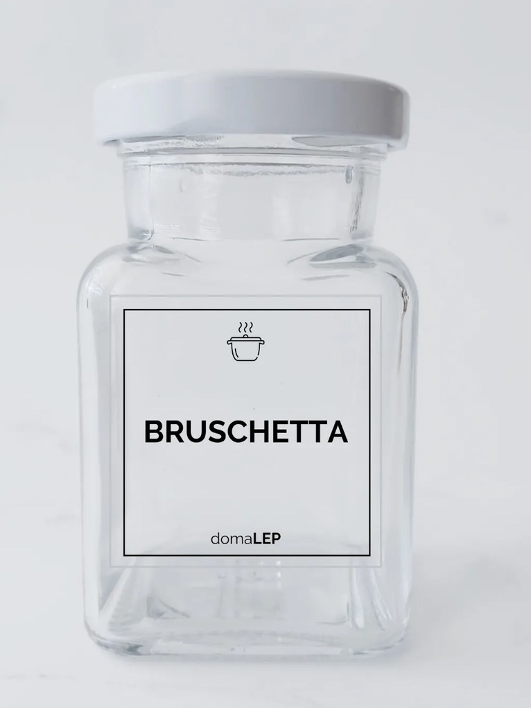 Samolepka na kořenky BRUSCHETTA průhledná 5 × 5 cm tučné písmo