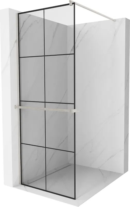 Mexen Kioto+, sprchová zástěna Walk-In s poličkou a věšákem 70 x 200 cm, 8mm čiré sklo černý vzor, broušená ocel profil, 800-070-121-97-77
