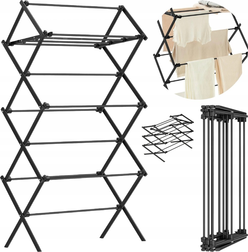 Kompaktní vertikální skládací sušák na prádlo, 12 tyčí, černý