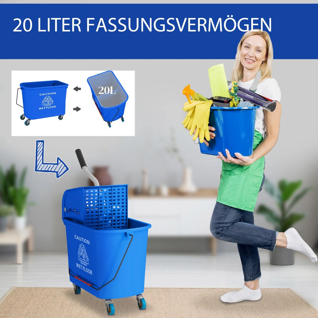 HOMCOM Úklidový vozík mycí kbelík pro domácnost 20 l s odstředivkou a odlučovačem čisté špinavé vody modrý 60L x 27W x 70,5H cm