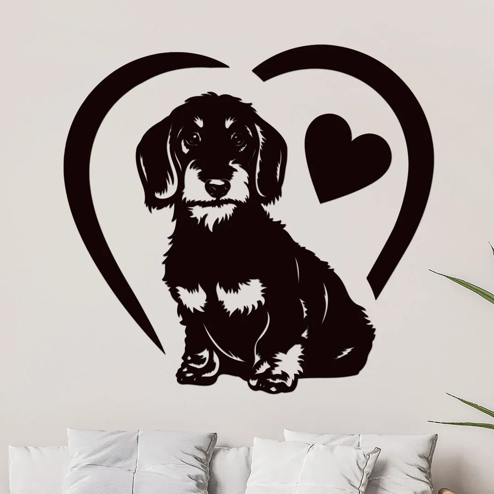 dřevo života Dřevěný obraz Drsnosrstého jezevčíka v srdci Zvolte rozměr (cm): 60x57, Zvolte barvu dekoru: Wenge