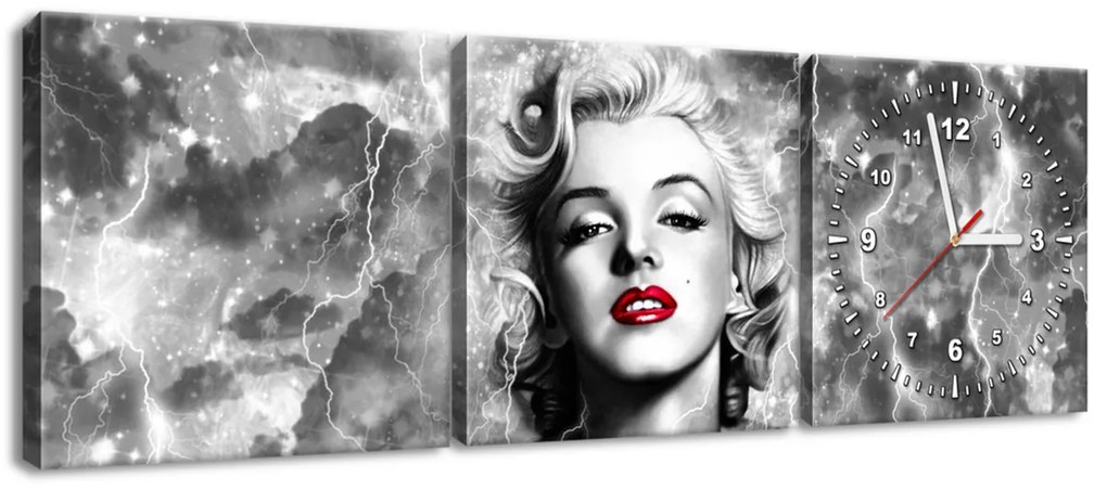 Gario Obraz s hodinami Elektrizující Marilyn Monroe - 3 dílný Rozměry: 30 x 90 cm