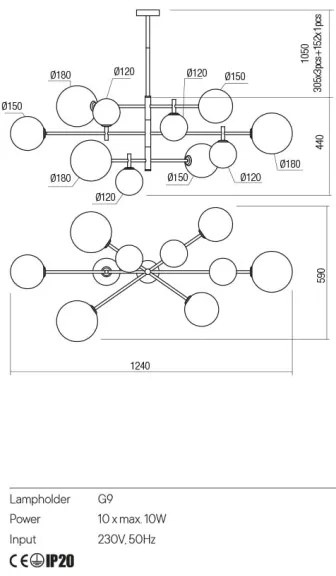 Redo 01-2781 - Lustr na tyči ROY 10xG9/10W/230V