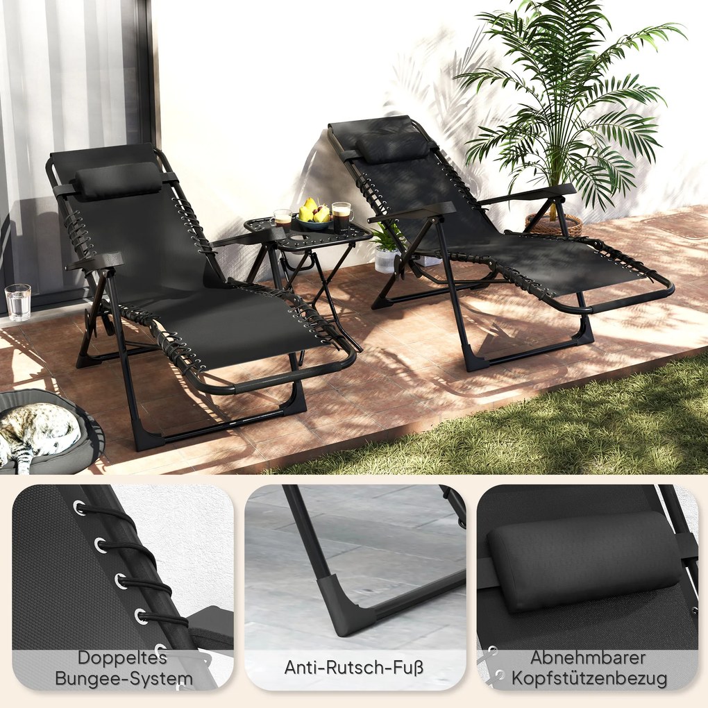 Gartenliege Set 3-TLG. Sonnenliege mit Teetisch 2 Liegestühle Kissen, Outdoor Liege 90x56x110 cm Schwarz