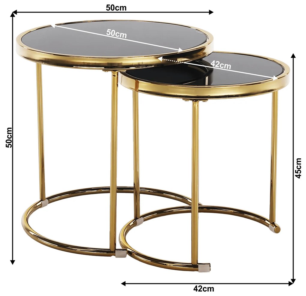Set 2 konferenčních stolků, zlatá/černé sklo, Tempo Kondela MORINO