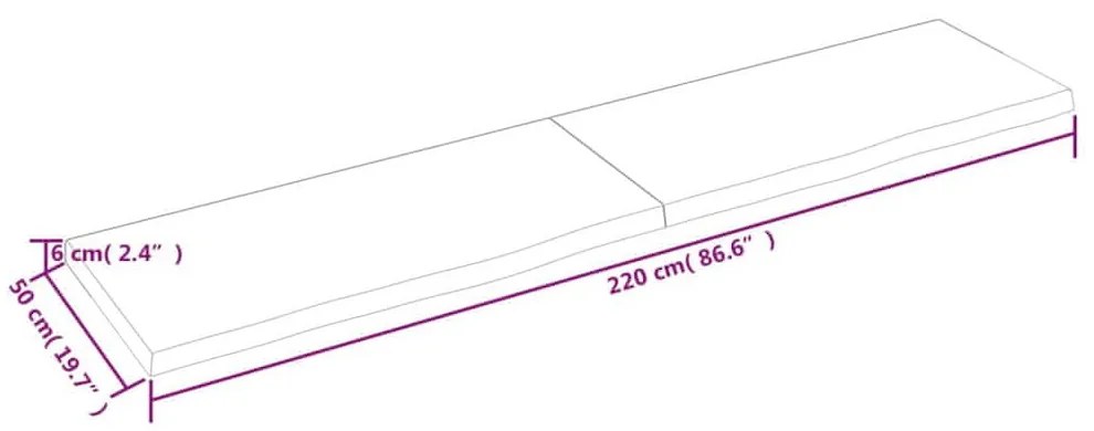 Petromila Nástěnná police tmavě hnědá 220x50x(2-6)cm ošetřený masivní dub