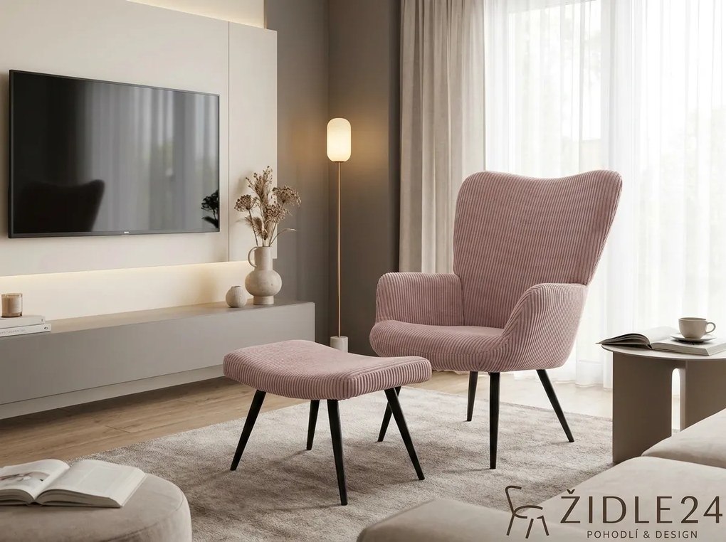 Relaxační křeslo ušák s podnožkou ARIA - růžový manšestr