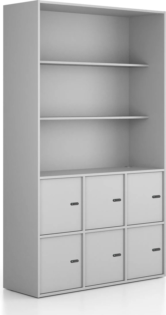 Kancelářská skříň FRAME, 6x dveře, 2x police, 1299 x 450 x 2162 mm, mechanický kódový zámek, šedá