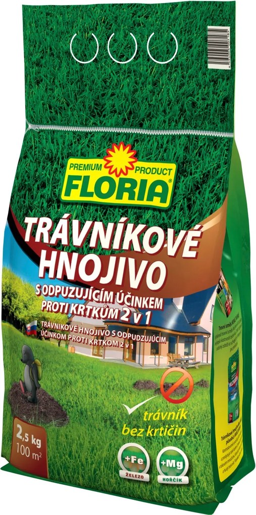 FLORIA PREMIUM Trávníkové hnojivo s odpuzujícím účinkem proti krtkům 2v1, 2,5 kg