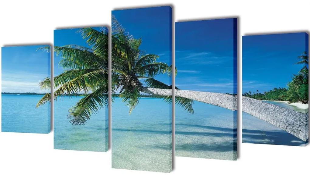 241561 vidaXL Sada obrazů, tisk na plátně, písečná pláž s palmou, 200 x 100 cm