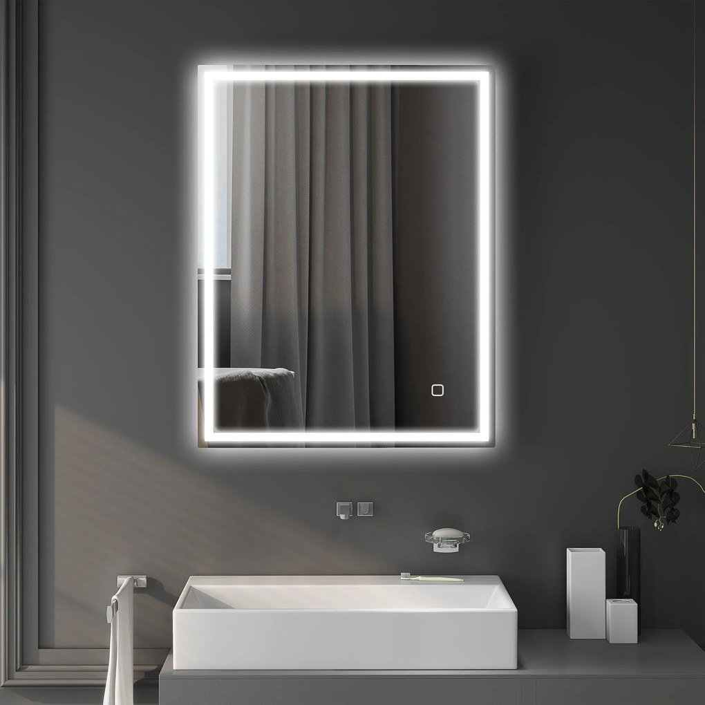 HOMCOM Koupelnové zrcadlo s osvětlením 90x70 cm LED zrcadlo Nástěnné zrcadlo s paměťovou funkcí 3 barvy světla Stříbrná