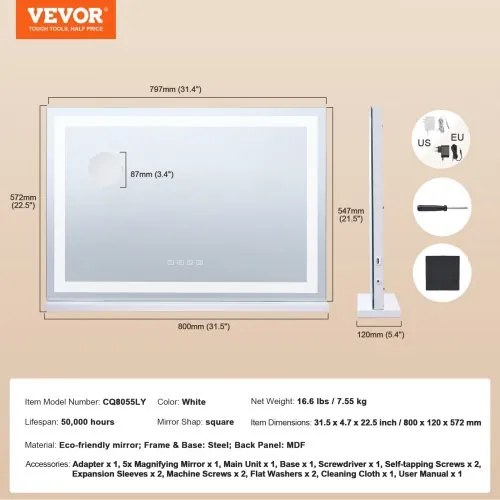 Osvětlené make-upové zrcadlo 3 barvy s Bluetooth USB stolní nástěnný držák 55,1 cm