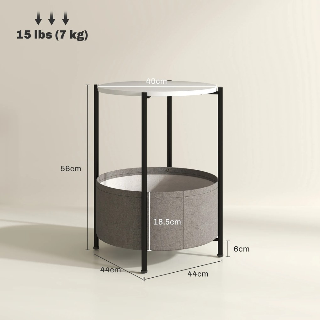 HOMCOM Kulatý Noční Stolík se Zásuvkou a Textilním Košem, Ocelový Konferenční Stolík do Obývacího Pokoje a Ložnice 44 x 56 cm Šedá+Bílá