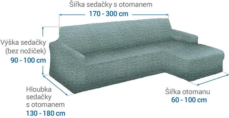 Bielastické potahy CRISTINA mátová sedačka s otomanem vpravo (š. 170 - 300 cm)