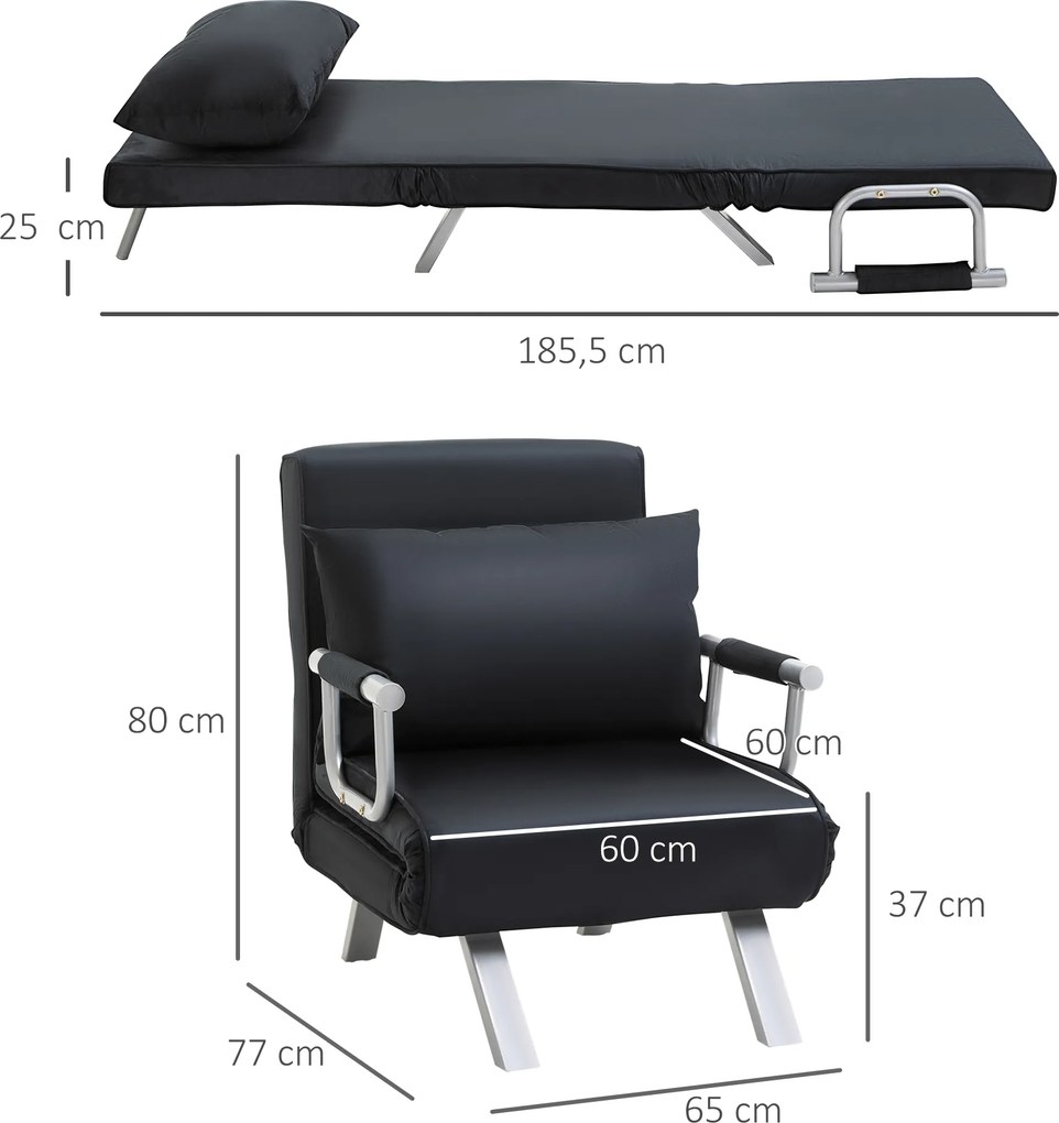 HOMCOM Rozkládací pohovka 2 v 1 s nastavitelným opěradlem 65L x 77W x 80H cm, snímatelný potah, polštáře, robustní a nerezavějící, polyester černá | …
