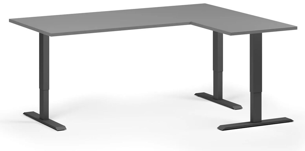Rohový výškově nastavitelný stůl, 180x140 cm, 3 motory, L/P, černá podnož, grafit