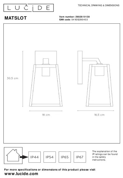 Lucide 29829/01/30 - Venkovní nástěnné svítidlo MATSLOT 1xE27/40W/230V IP23