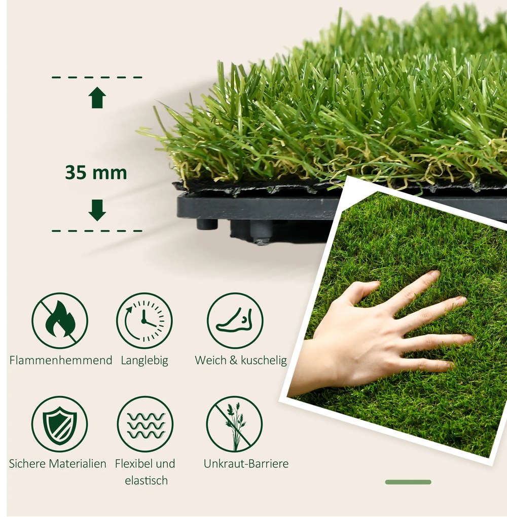 Outsunny umělá tráva 10 kusů travní koberec 30 x 30 cm 25 mm tmavě zelený pro balkonovou zahradu, odolný a snadno udržovatelný, umělý trávník z plastu