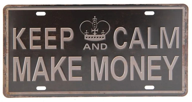 Hnědo černá kovová cedule MAKE MONEY s odřením a patinou- 30*15 cm – 30x1x15 cm