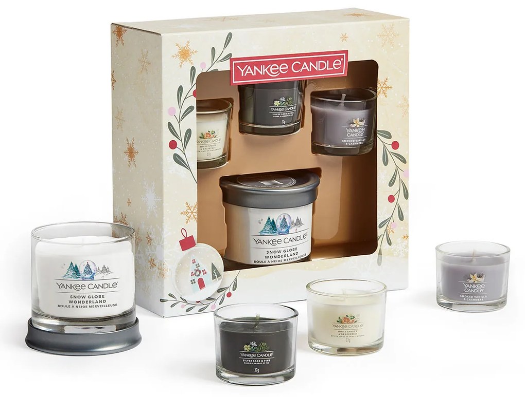 Yankee Candle vánoční dárková sada, 1x malá svíčka + 3x votivní svíčky ve skle