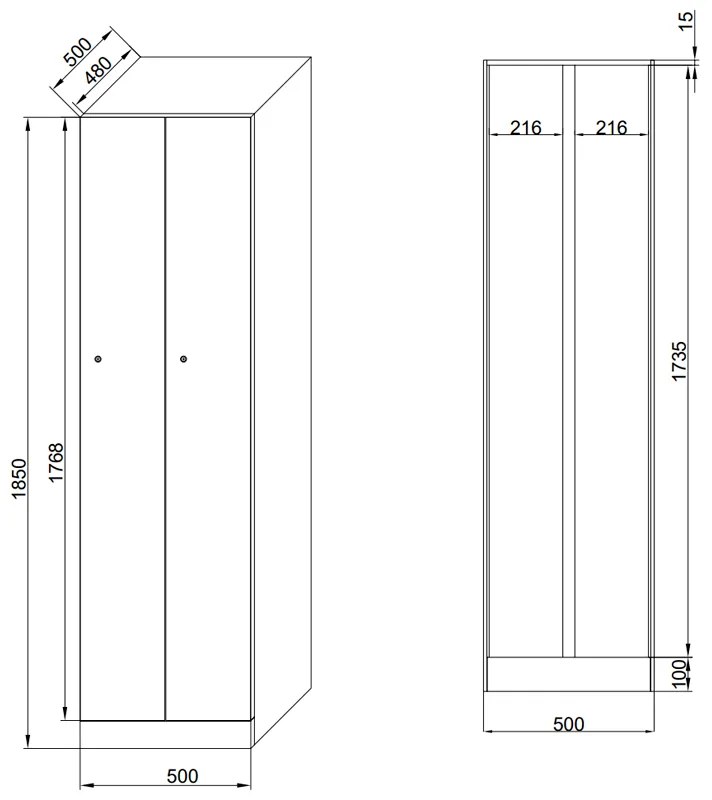 Kovová šatní skříňka zúžená, 2 oddíly, 1850 x 500 x 500 mm, kódový zámek, laminované dveře, buk