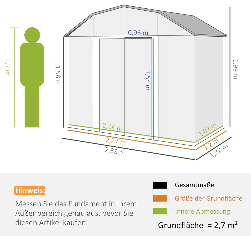 Outsunny kůlna na nářadí ocelová kůlna na nářadí 2,7m² ochrana před UV zářením zahradní kůlna 2 posuvné dveře policový základ tmavě šedá 238x132x198,…