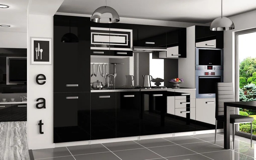 Kuchyňská linka Belini 300 cm černý lesk s pracovní deskou Syntka  INF SYNTKA/7/WT/B/0/F