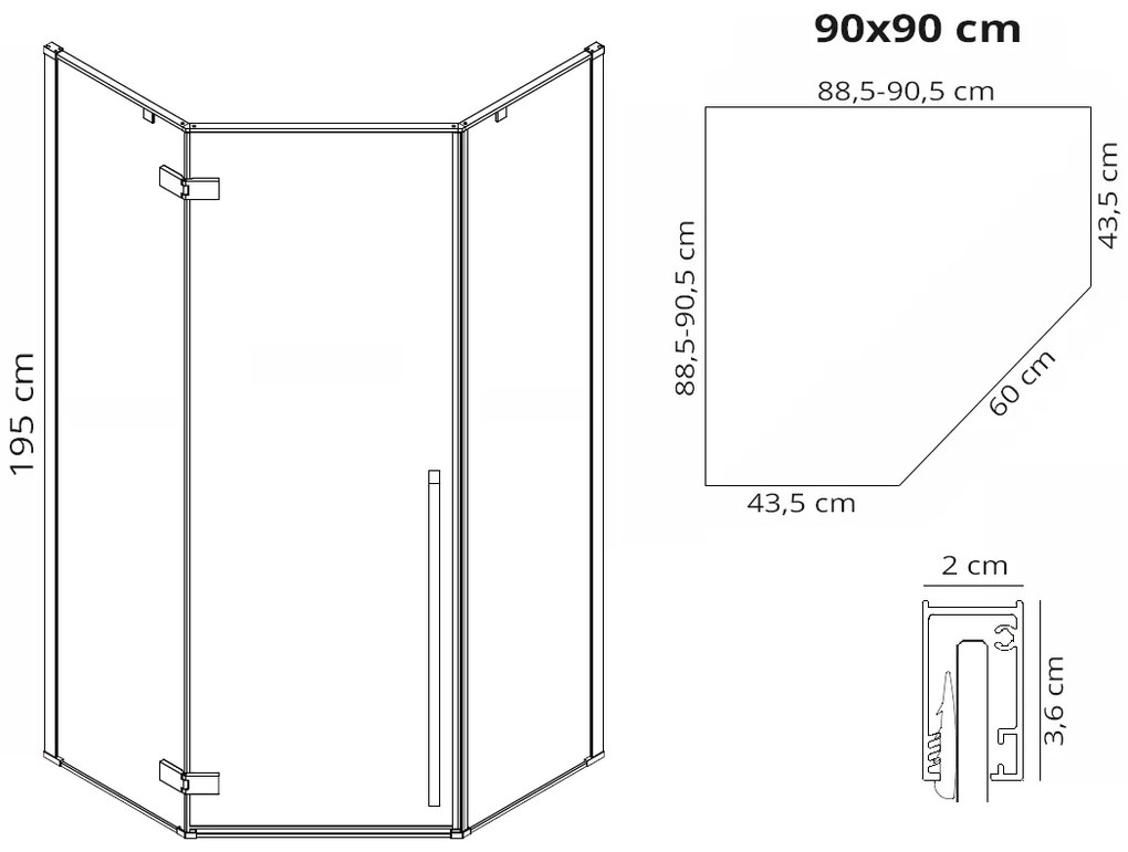 Rea Diamond, 5-úhelníkový sprchový kout 90x90, 6mm čiré sklo, zlatý matný profil + bílá sprchová vanička, KPL-K6506