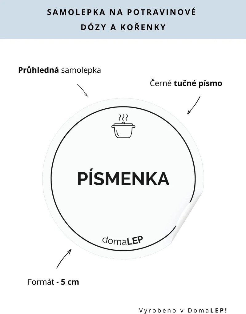PÍSMENKA – průhledná samolepka na dózu, tučné písmo, 5 cm | DomaLEP