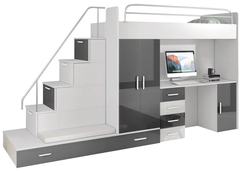 Dětská multifunkční postel Paradise 5, Barva: bílá / bílý lesk + šedý lesk
