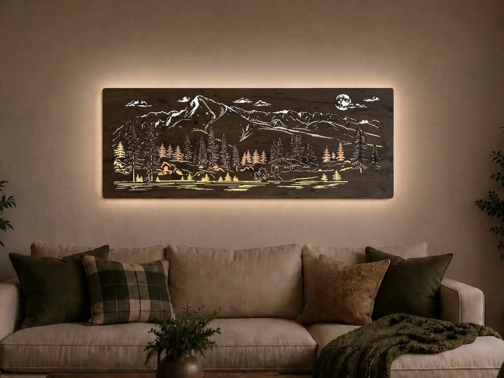 Li-Go "Chata v horách" světelný obraz s baterií a pohybovým čidlem 130x50 cm provedení povrchu: ořech