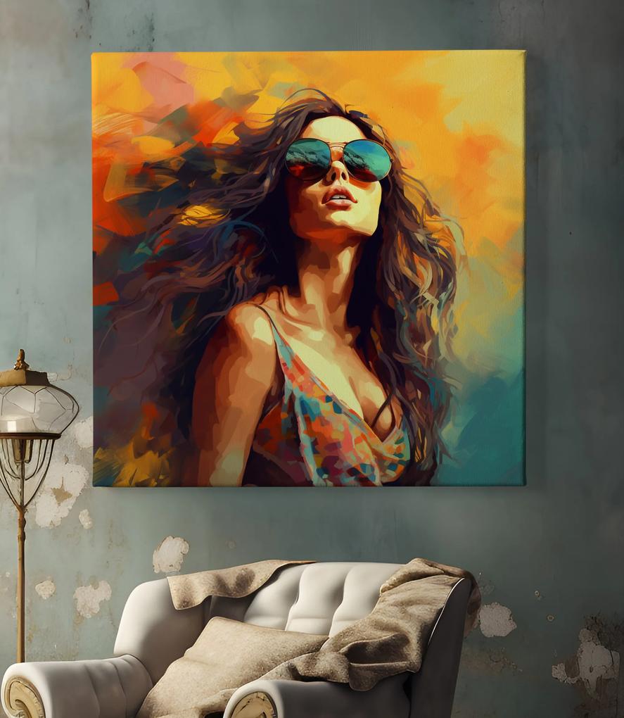 Obraz na plátně - Ivy, Hippie žena plná barev FeelHappy.cz Velikost obrazu: 60 x 60 cm
