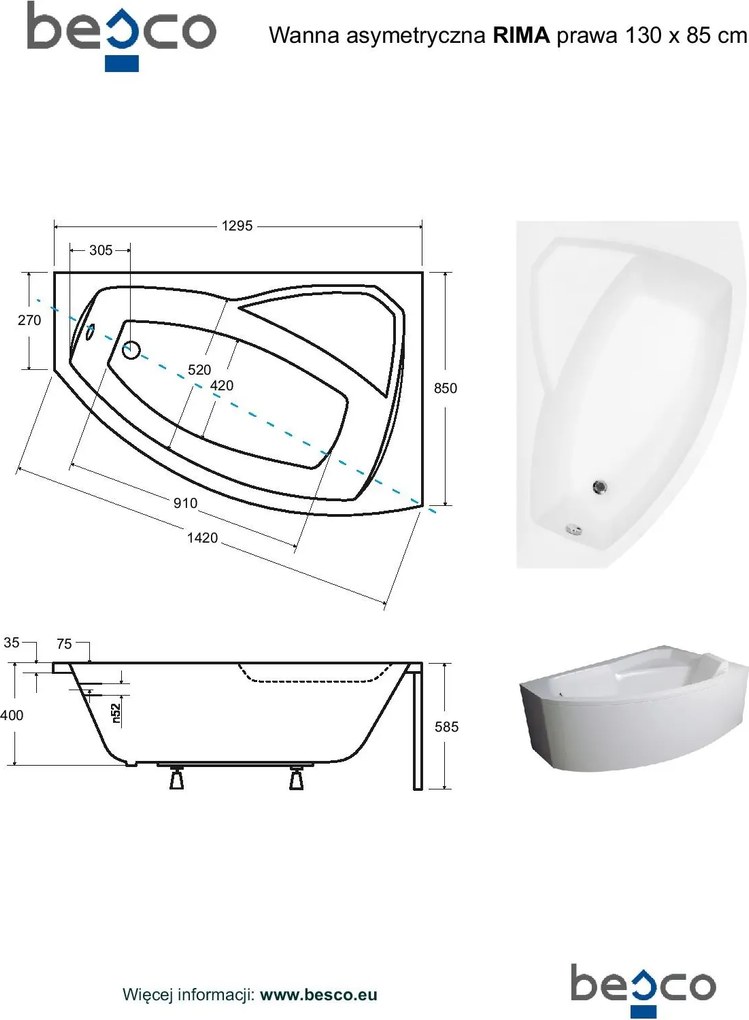 Besco Rima asymetrická vana 130 x 85 cm pravá bílá VANRIM130P