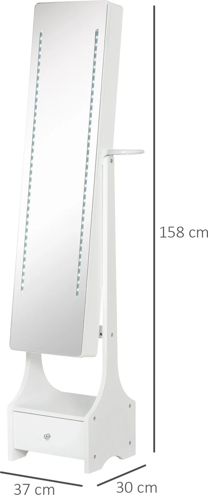 HOMCOM LED šperkovnice 2 v 1, šperkový regál se zrcadlovou skříňkou a zásuvkou, MDF, bílá, 37 x 30 x 158 cm
