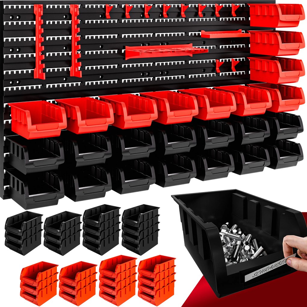 Stěna na nářadí černá/červená 43dílný stohovatelné boxy/Držák na nářadí