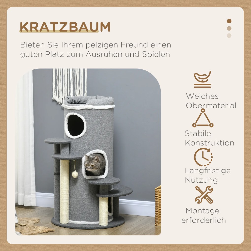 PawHut sud na škrabadlo pro kočky 99 cm s pelíškem, míčkem a plošinami, nábytek pro kočky, šedý| Aosom