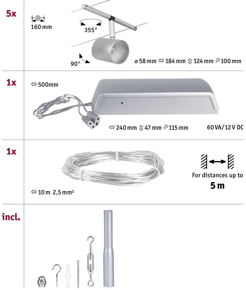 Paulmann 94465 CorDuo Cup Basic, matně chromový lankový systém, 5x max 10W LED 12V, 500cm