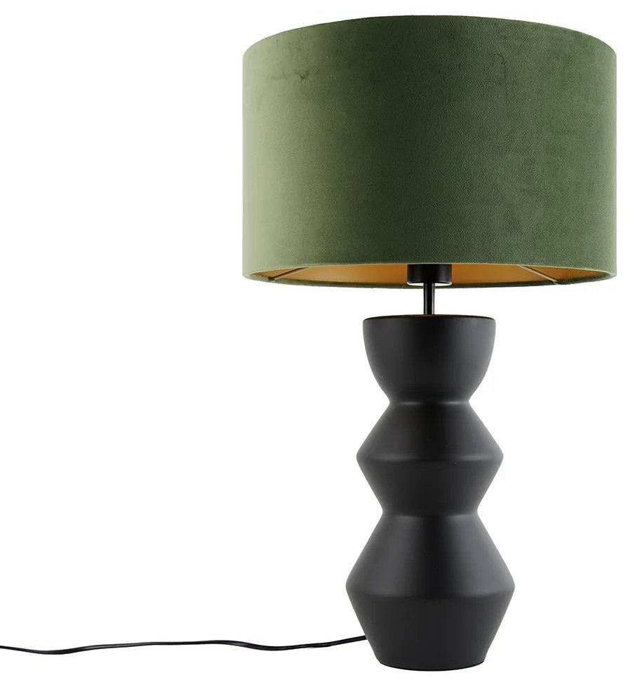 Designová stolní lampa černá s sametovým stínítkem zelená se zlatem 35 cm - Alisia Biano.cz