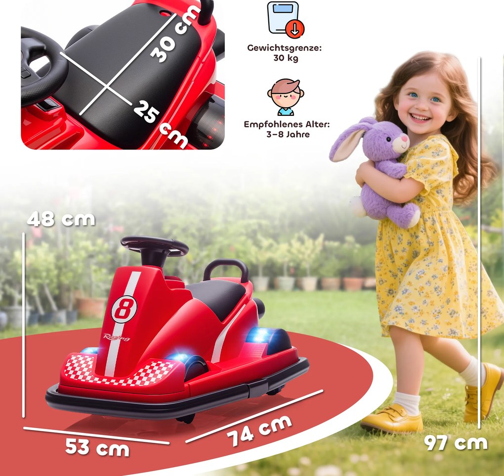 AIYAPLAY Autoskúter pro děti, otočný o 360 stupňů, volant, LED světla, hudební funkce, 3-8 let, červený