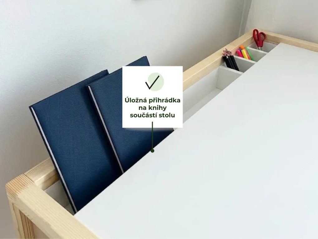 Benlemi Montessori psací stůl STOLLY s odkládací plochou a pastelkovníkem Zvolte barvu: Eukalyptová