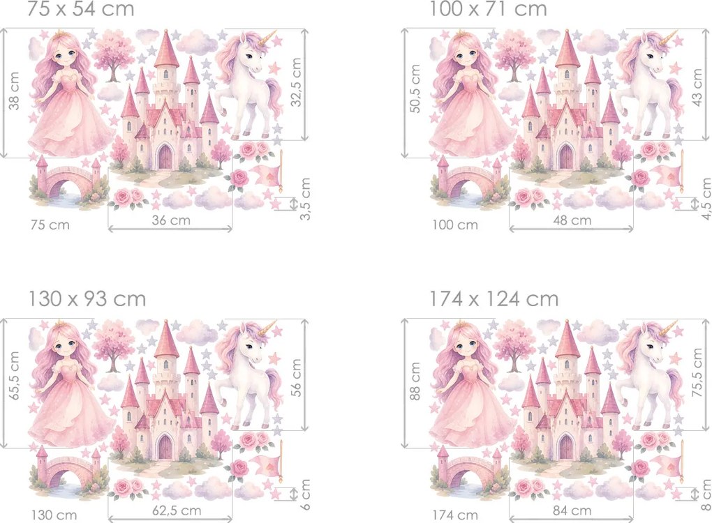 Princezna a růžové království samolepky na zeď pro holky arch 75 x 54 cm