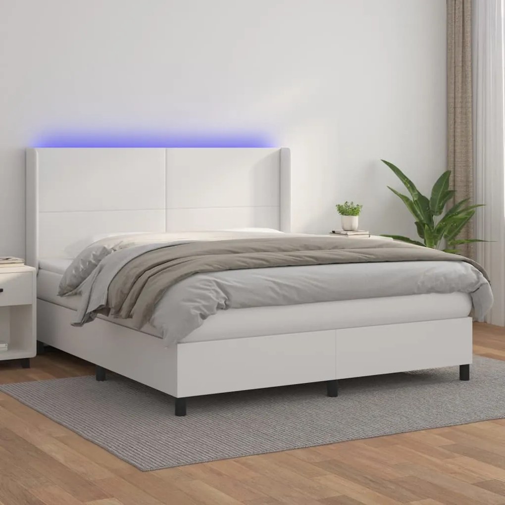 Box spring postel s matrací a LED bílá 160x200 cm umělá kůže