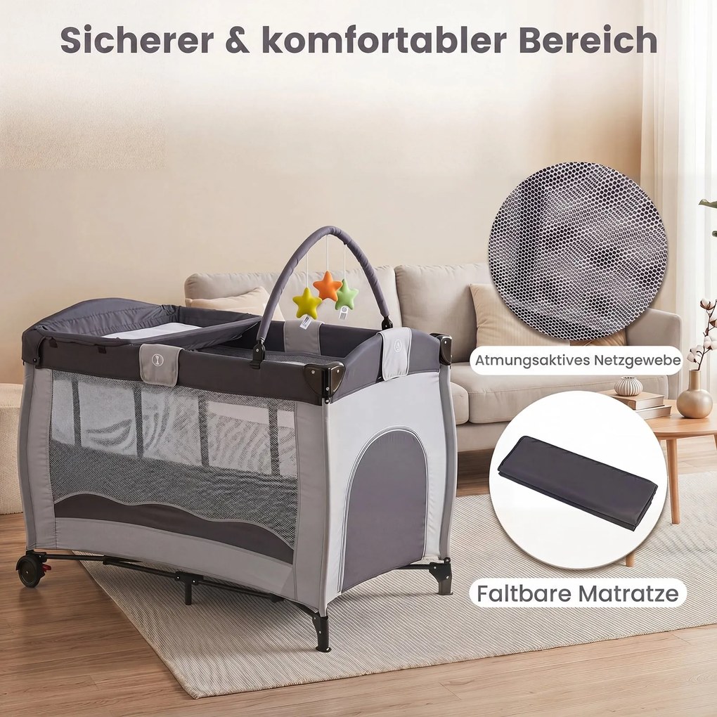 Costway 4 v 1 Dětská postýlka dětská ohrádka kolébka dětská, šedá